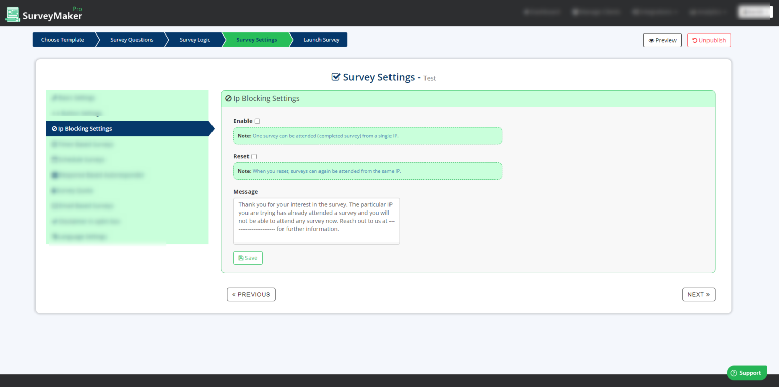 Survey Settings – Survey Maker Pro